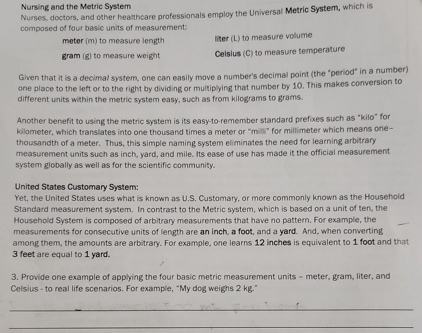 Solved Nursing and the Metric System Nurses, doctors, and | Chegg.com