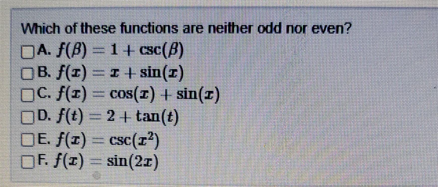 Solved Which of these functions are neither odd nor even? A. | Chegg.com