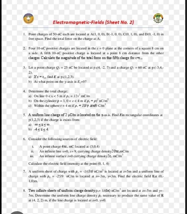 Solved 1. Point charges of 50−nC each are located at | Chegg.com