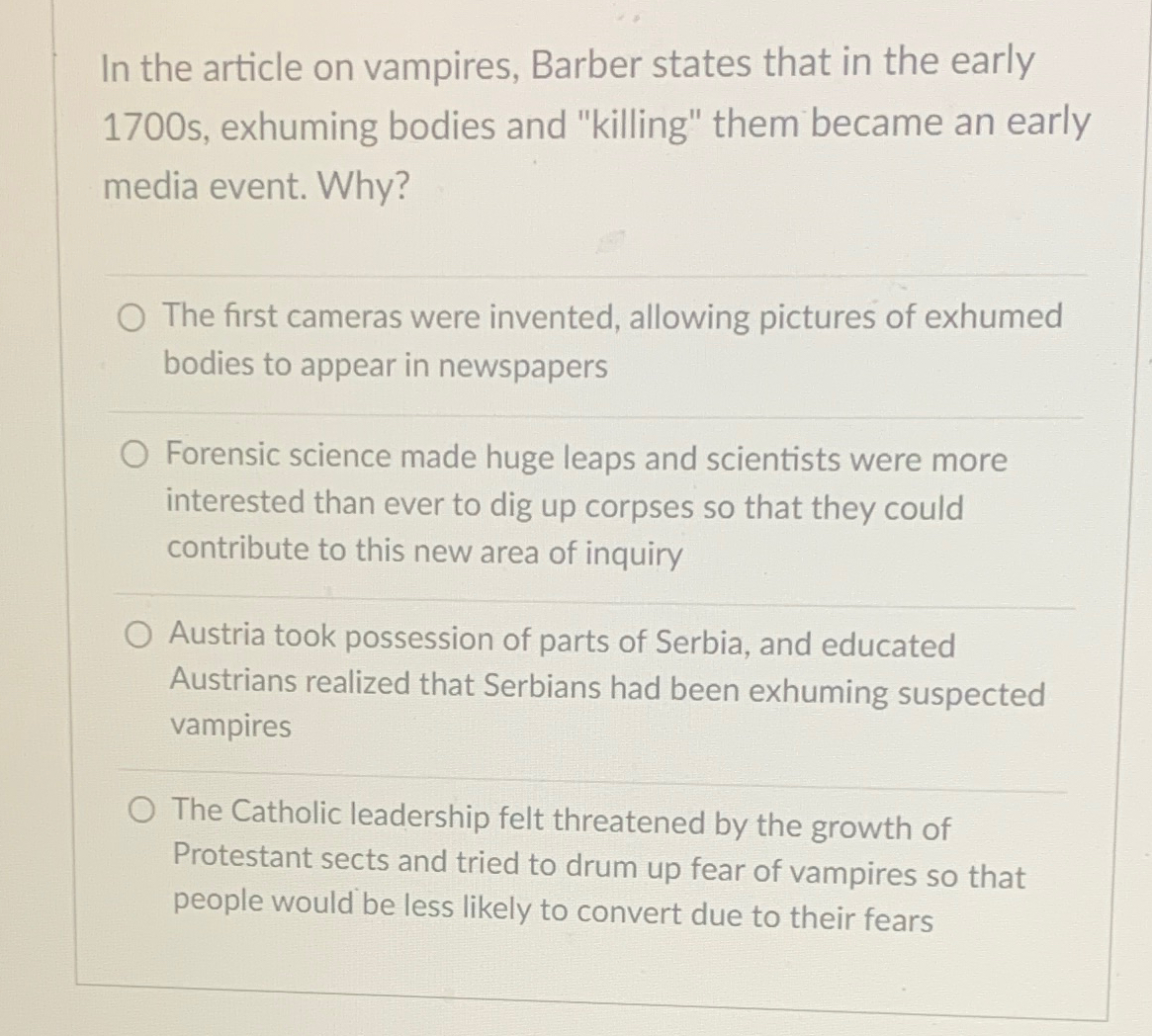 Solved In the article on vampires, Barber states that in the | Chegg.com