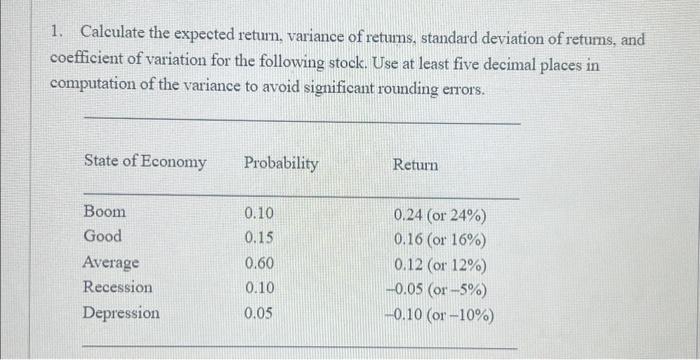 Solved 1. Calculate the expected return, variance of | Chegg.com