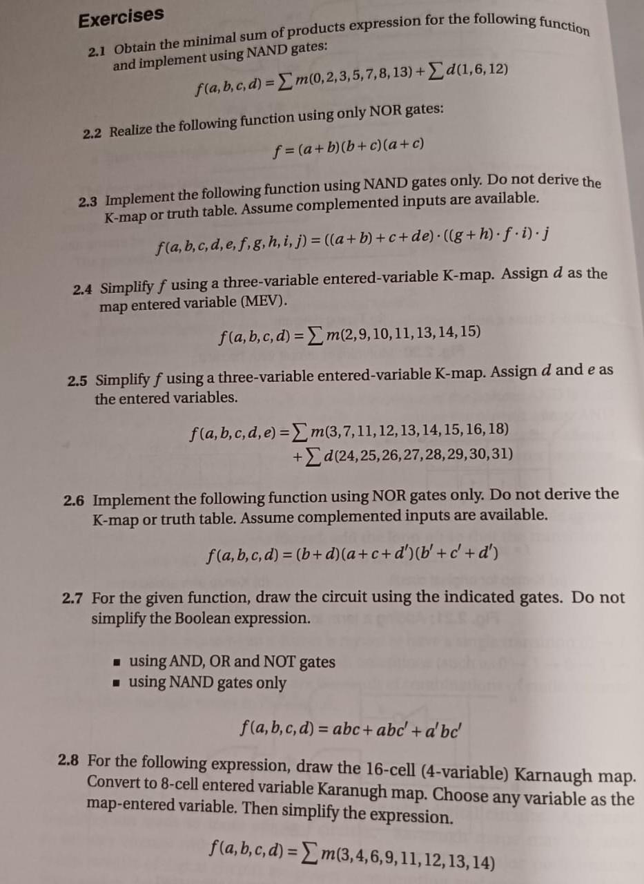 Solved Exercises 2.1 Obtain the minimal sum of products | Chegg.com