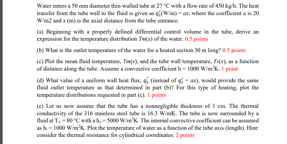 Solved Water enters a 50mm ﻿diameter thin-walled tube at | Chegg.com