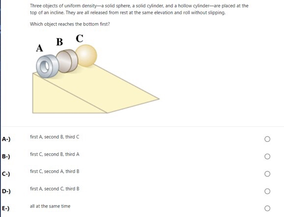 Solved Three objects of uniform density a solid sphere, a | Chegg.com