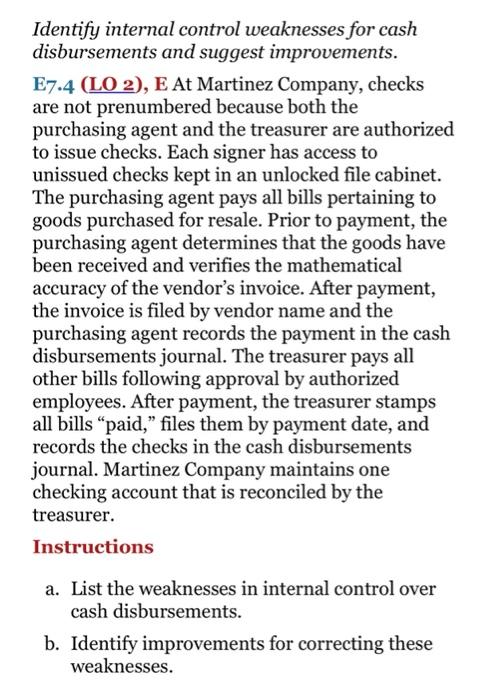 Solved Identify internal control weaknesses for cash | Chegg.com