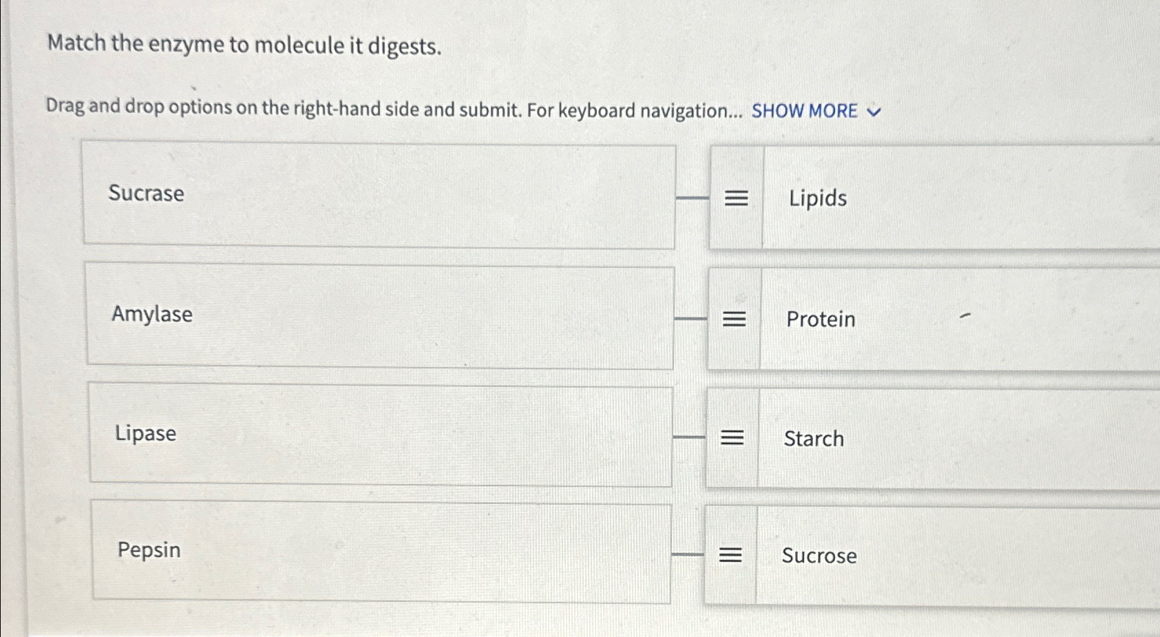 Solved Match the enzyme to molecule it digests.Drag and drop | Chegg.com