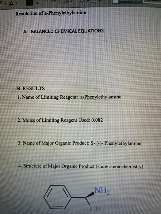 Resolution of a-Phenylethylamine A. BALANCED CHEMICAL | Chegg.com