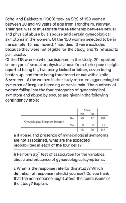 Solved Schei and Bakketeig (1989) took an SRS of 150 women | Chegg.com