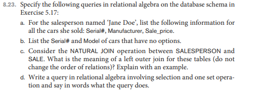Solved 8.23. ﻿Specify the following queries in relational | Chegg.com