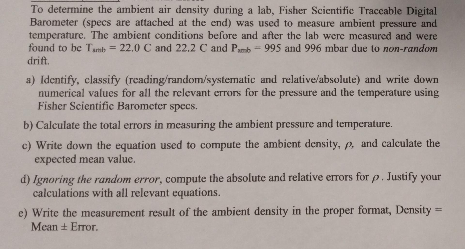 To determine the ambient air density during a lab, | Chegg.com