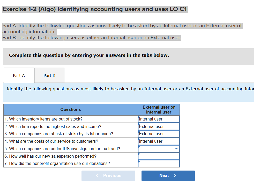 Solved Exercise 1-2 (Algo) ﻿Identifying accounting users and | Chegg.com
