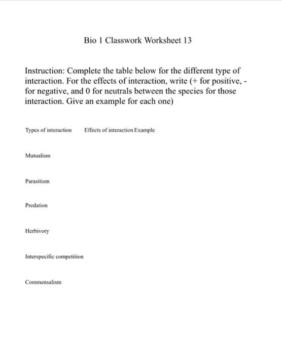 Solved Bio 1 Classwork Worksheet 13 Instruction: Complete | Chegg.com