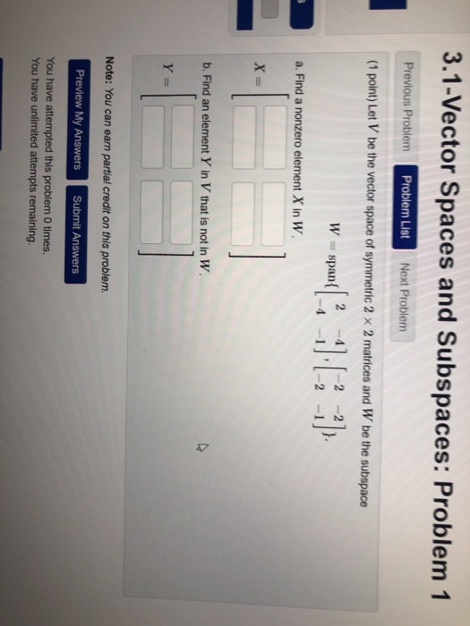 Solved 3 1 Vector Spaces And Subspaces Problem 1 Previous