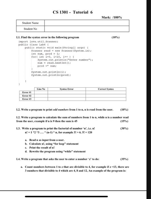 Solved CS 1301 - Tutorial 6 Mark. /100% L1. Find the syntax | Chegg.com