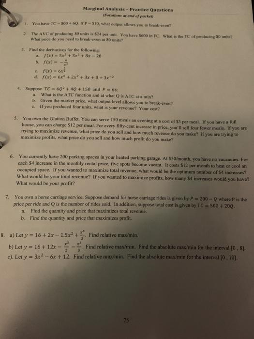 Solved Marginal Analysis - Practice Questions Solutions | Chegg.com