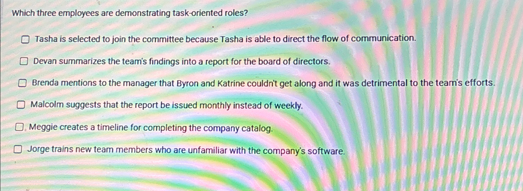 Solved Which three employees are demonstrating task-oriented | Chegg.com