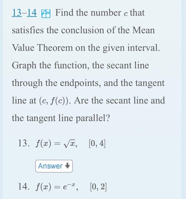 Solved 13-14 Find the number c that satisfies the conclusion | Chegg.com