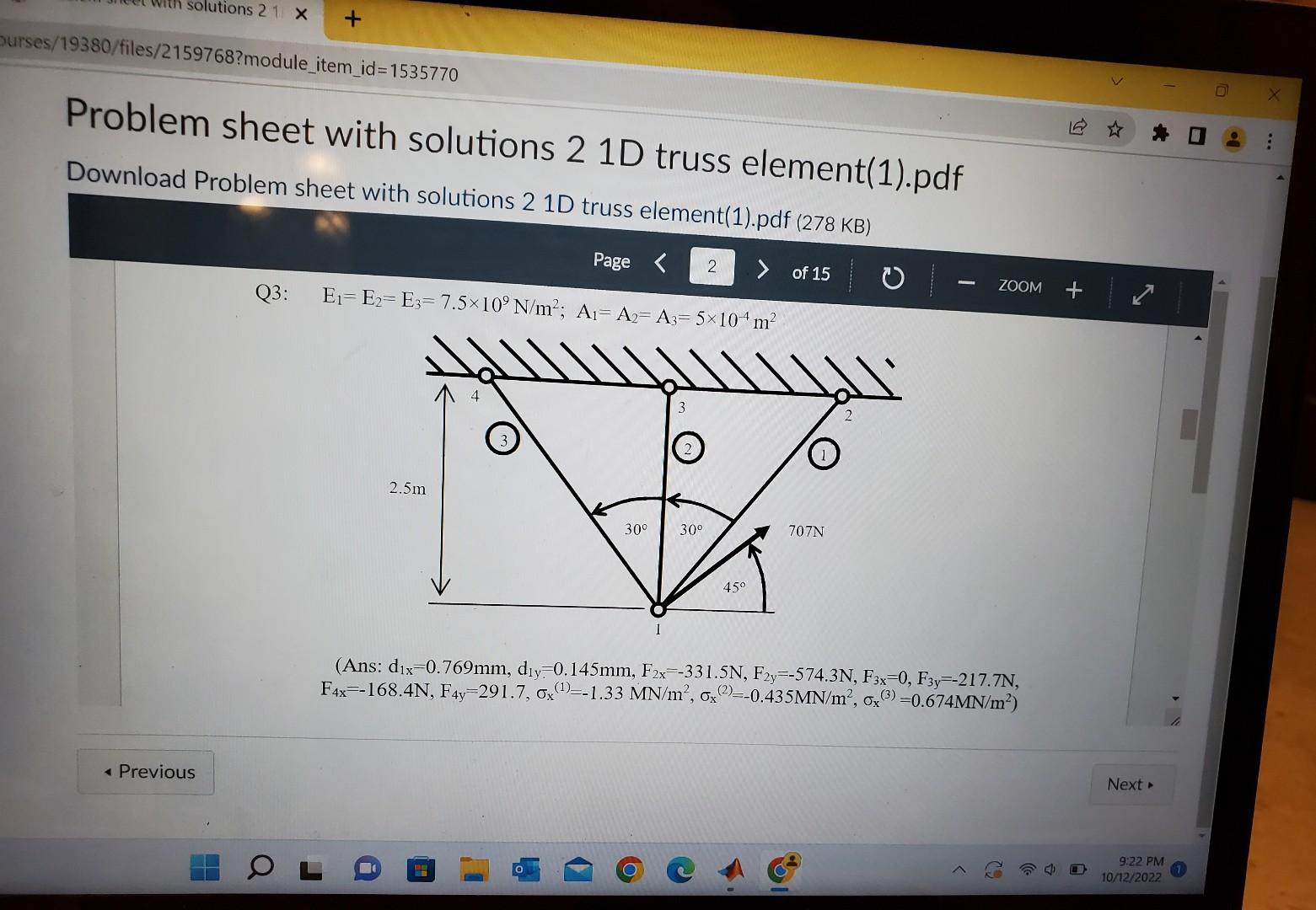 Problem sheet with solutions 2 1D truss | Chegg.com
