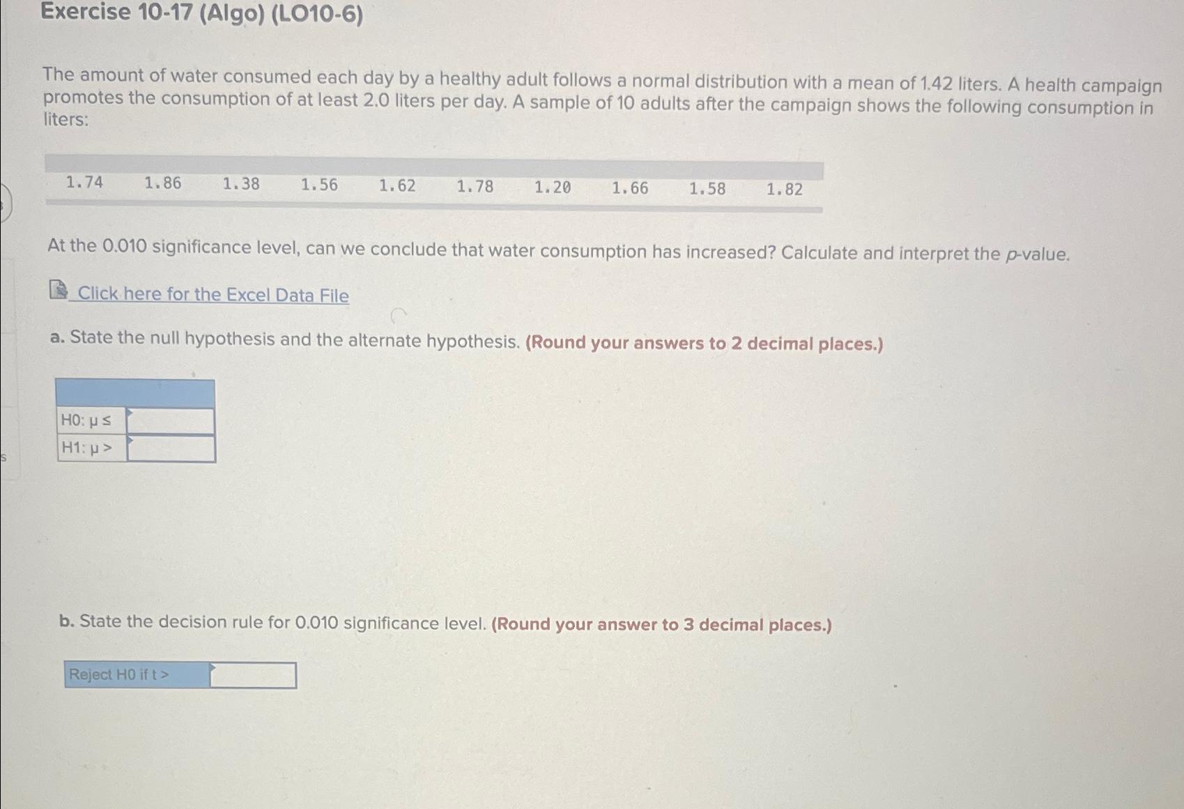Solved Exercise 10-17 (Algo) (LO10-6)The amount of water | Chegg.com