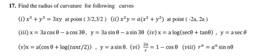 Solved 17. Find the radius of curvature for following curves | Chegg.com