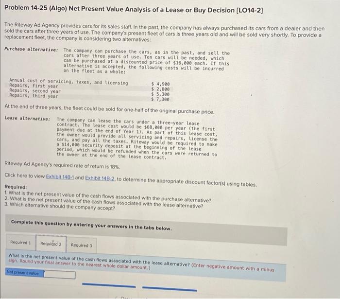 Solved Problem 14-25 (Algo) Net Present Value Analysis of a | Chegg.com