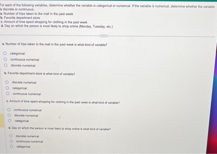 Solved Eor each of the following variables, determine | Chegg.com