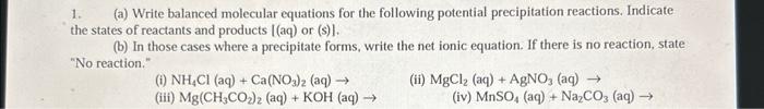Solved 1. (a) Write balanced molecular equations for the | Chegg.com