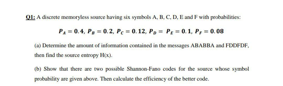 Solved Q1: A discrete memoryless source having six symbols | Chegg.com