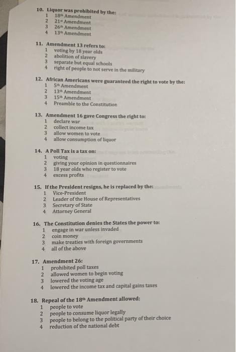 Solved 10. Liquor was prohibited by the 1 18 Amendment 2 21- | Chegg.com
