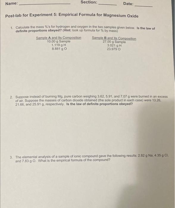 Solved Post-lab for Experiment 5: Empirical Formula for | Chegg.com