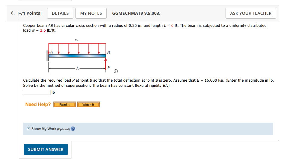 Solved [-1 ﻿Points]GGMECHMAT9 9.5.003.Copper beam AB ﻿has | Chegg.com