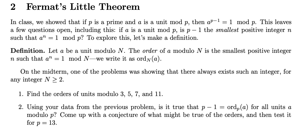 Solved 2 ﻿Fermat's Little TheoremIn class, we showed that if | Chegg.com