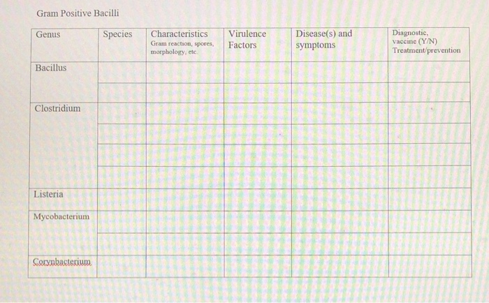 Solved Gram Positive Bacilli Genus Species Characteristics | Chegg.com