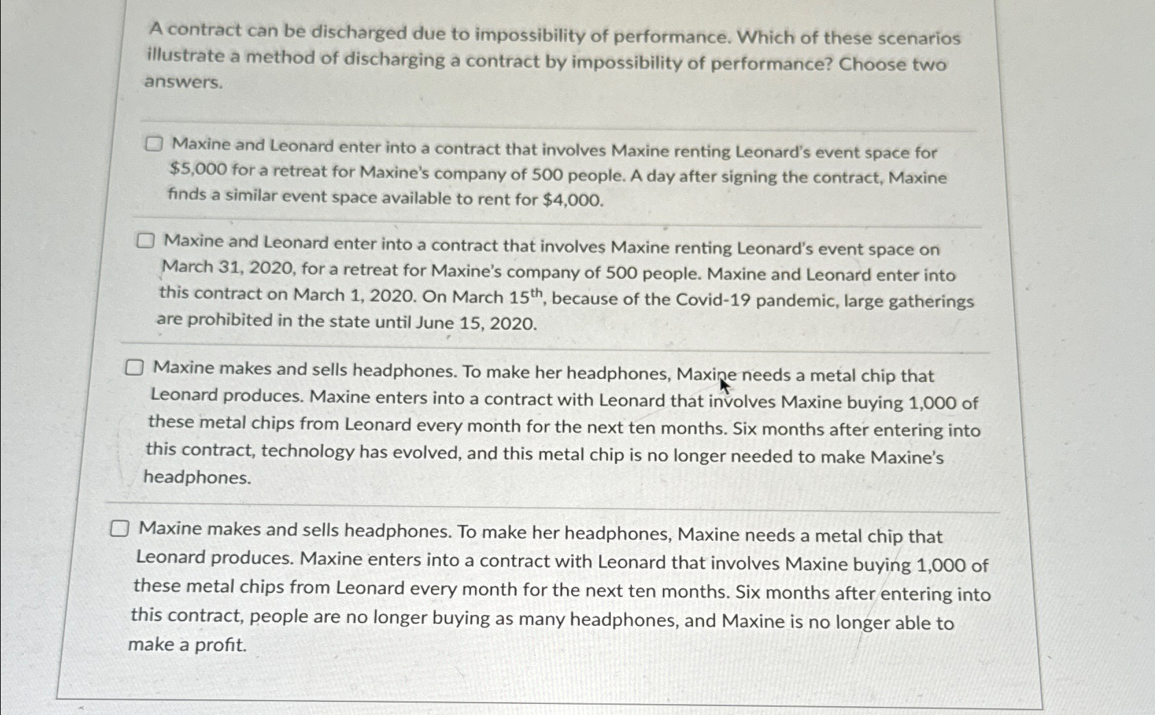 Solved A contract can be discharged due to impossibility of | Chegg.com