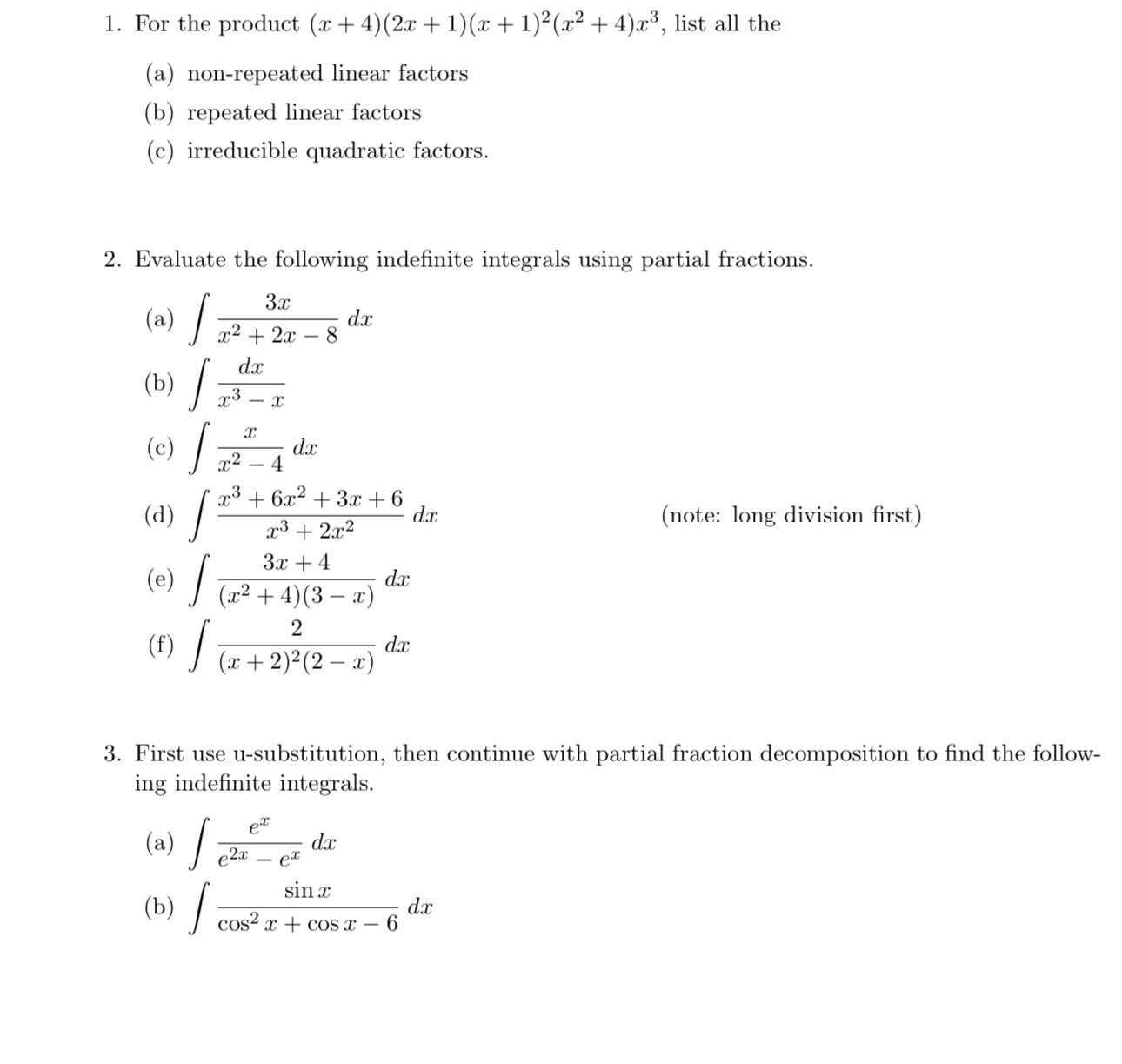 Solved Solve question 2Evaluate the following indefinite | Chegg.com