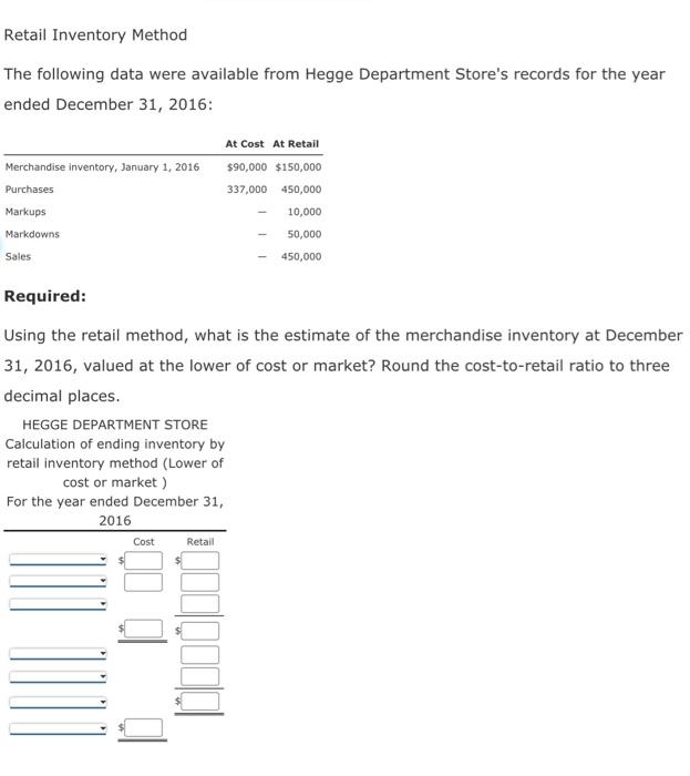 Solved Retail Inventory Method The following data were | Chegg.com