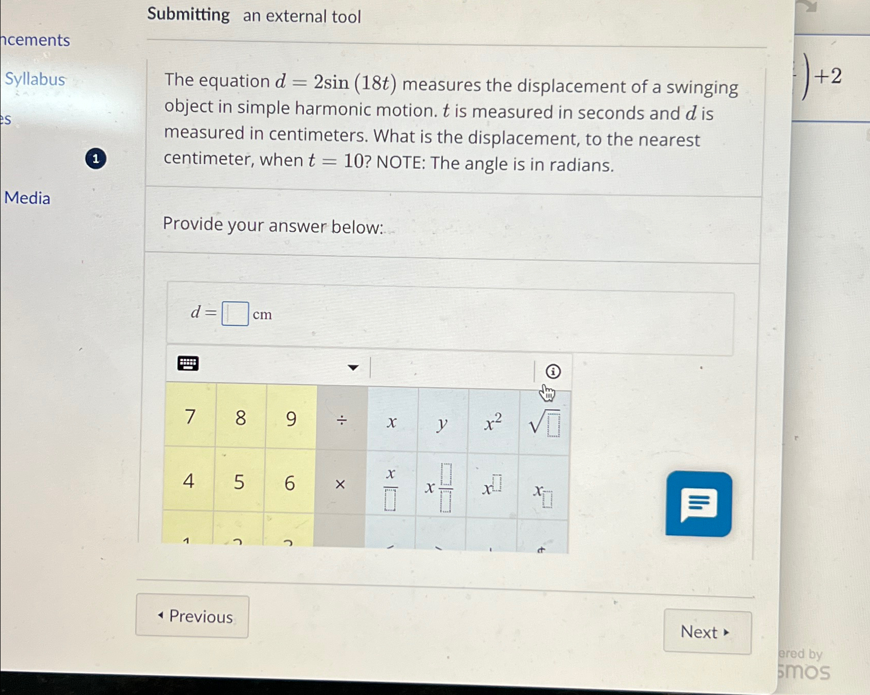 Solved Submitting an external toolThe equation d=2sin(18t) | Chegg.com