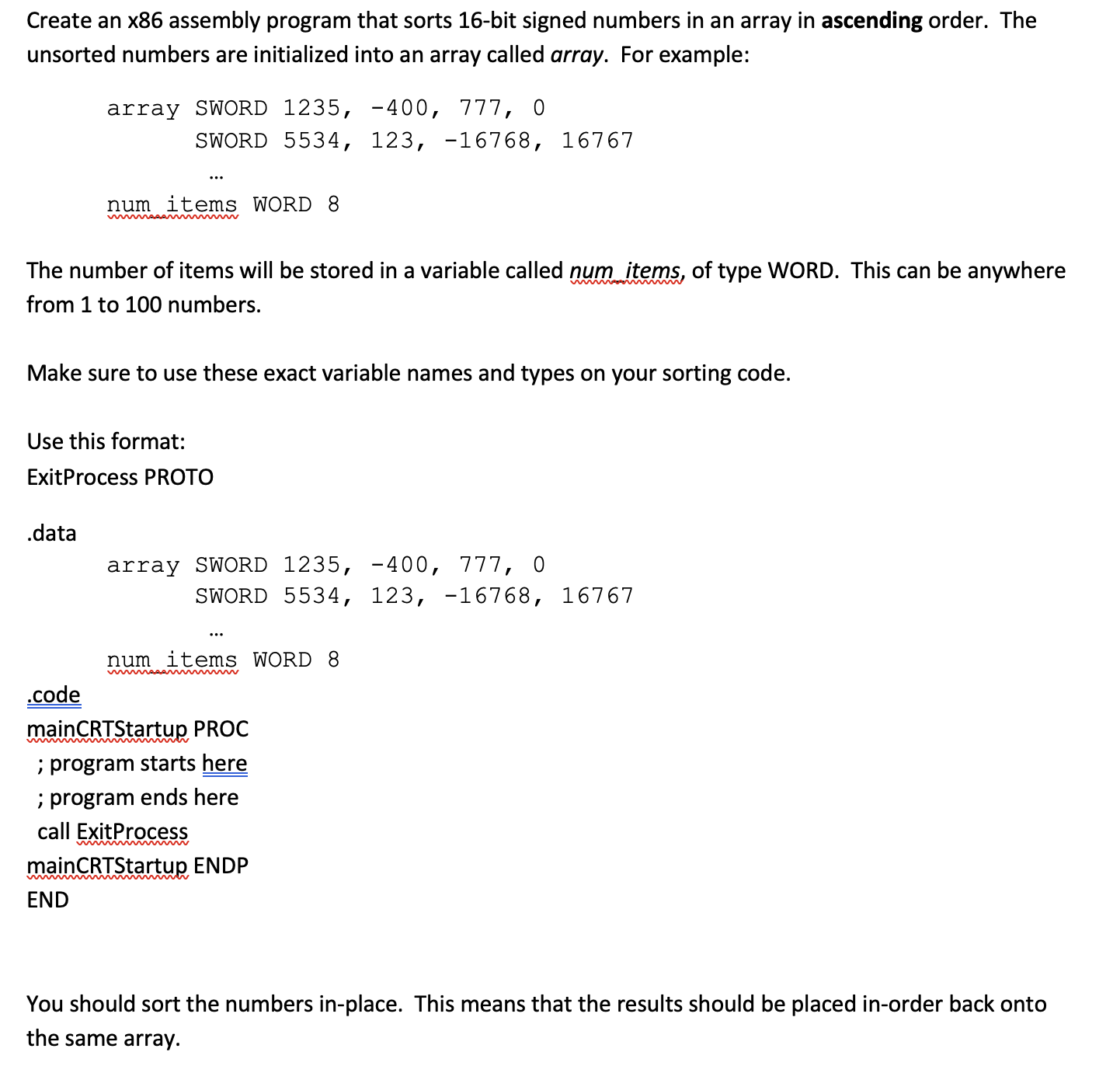 Solved Create an x86 ﻿assembly program that sorts 16 -bit | Chegg.com