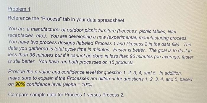 Problem 1 Reference the "Process" tab in your data | Chegg.com