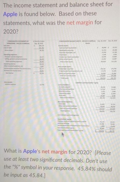 Solved The income statement and balance sheet for Apple is | Chegg.com