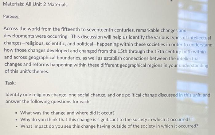 Materials: All Unit 2 Materials Purpose: Across the | Chegg.com