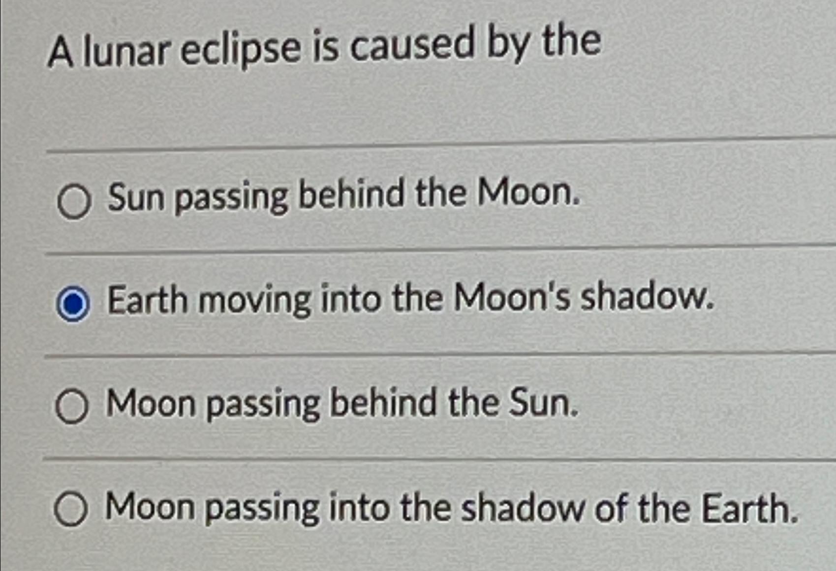 Solved A lunar eclipse is caused by theSun passing behind | Chegg.com
