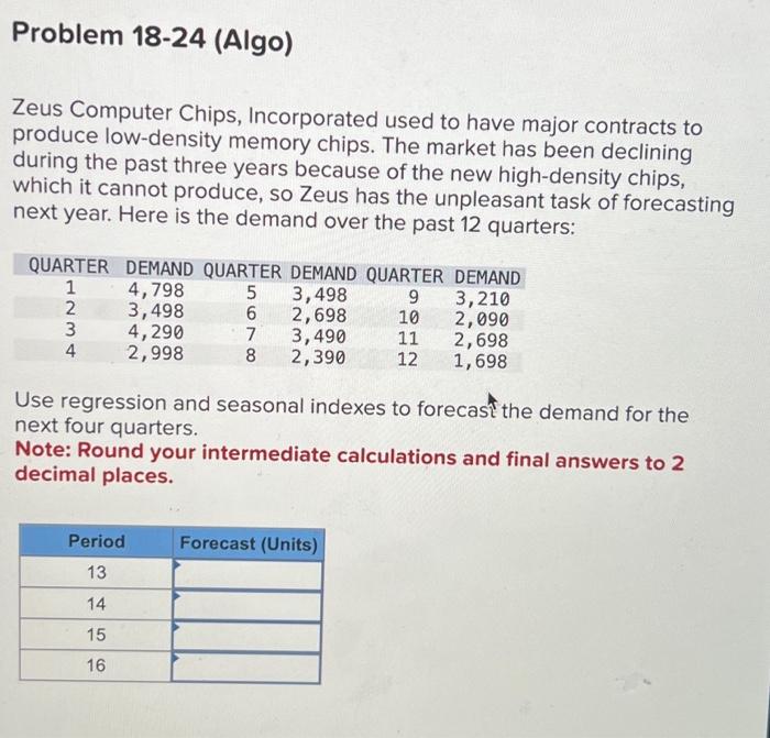 Solved Problem 18-24 (Algo) Zeus Computer Chips, | Chegg.com