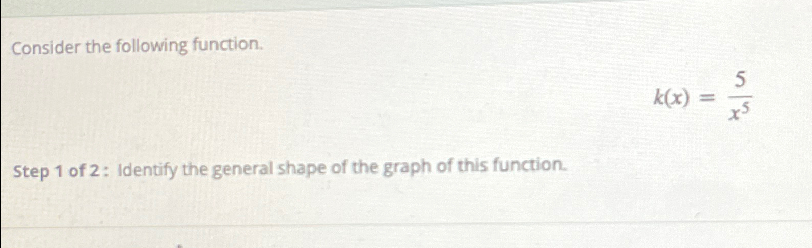 Solved Consider the following function.k(x)=5x5Step 1 ﻿of 2: | Chegg.com