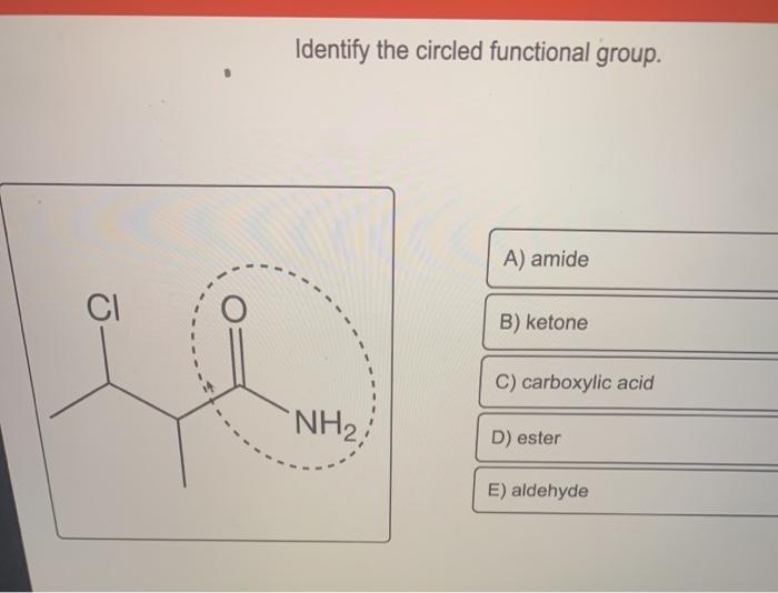 Solved Identify the circled functional group. A) amide CI B) | Chegg.com
