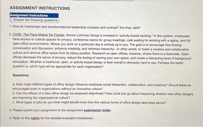 Solved ASSIGNMENT INSTRUCTIONS 1. How do charismatic and | Chegg.com