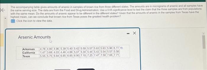 Solved The accompanying table gives amounts of arsenic in | Chegg.com