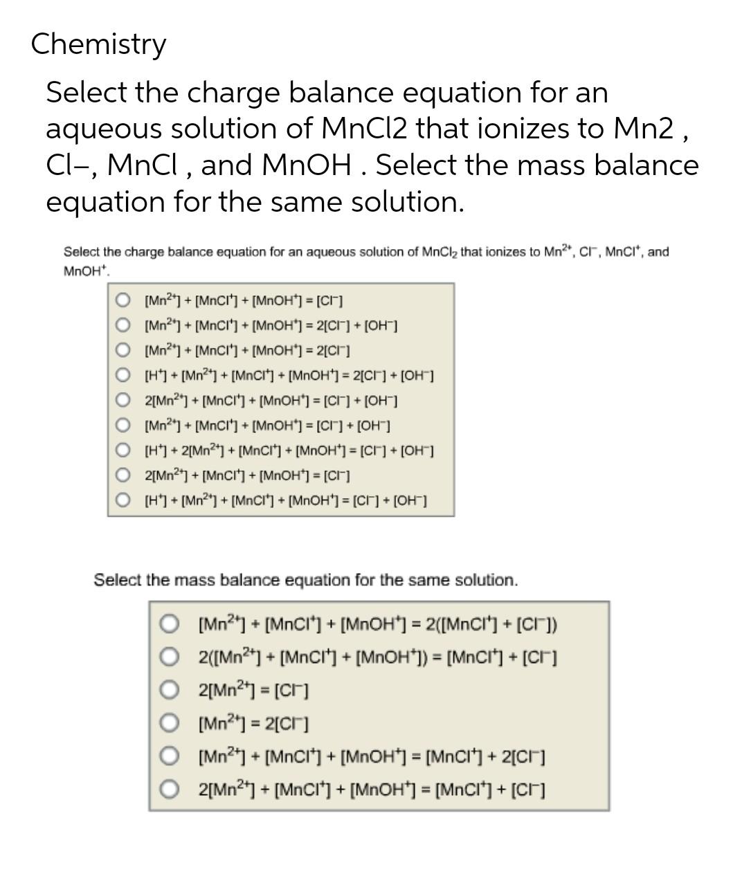 Solved Chemistry Select the charge balance equation for an | Chegg.com
