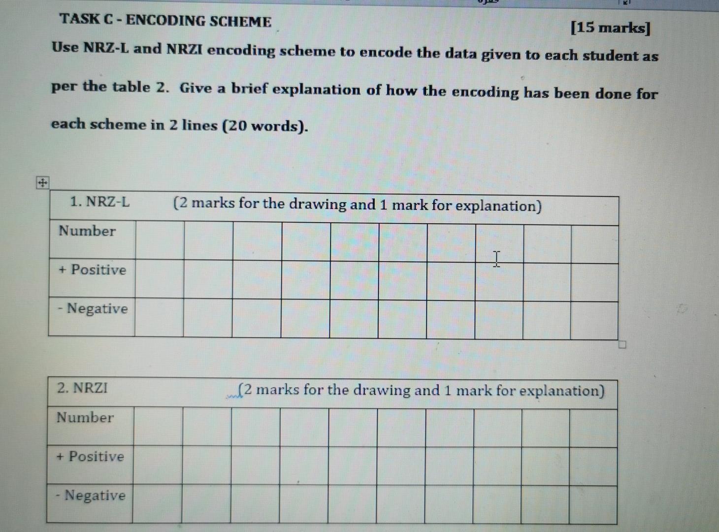 Solved TASK C - ENCODING SCHEME [15 marks] Use NRZ-L and | Chegg.com