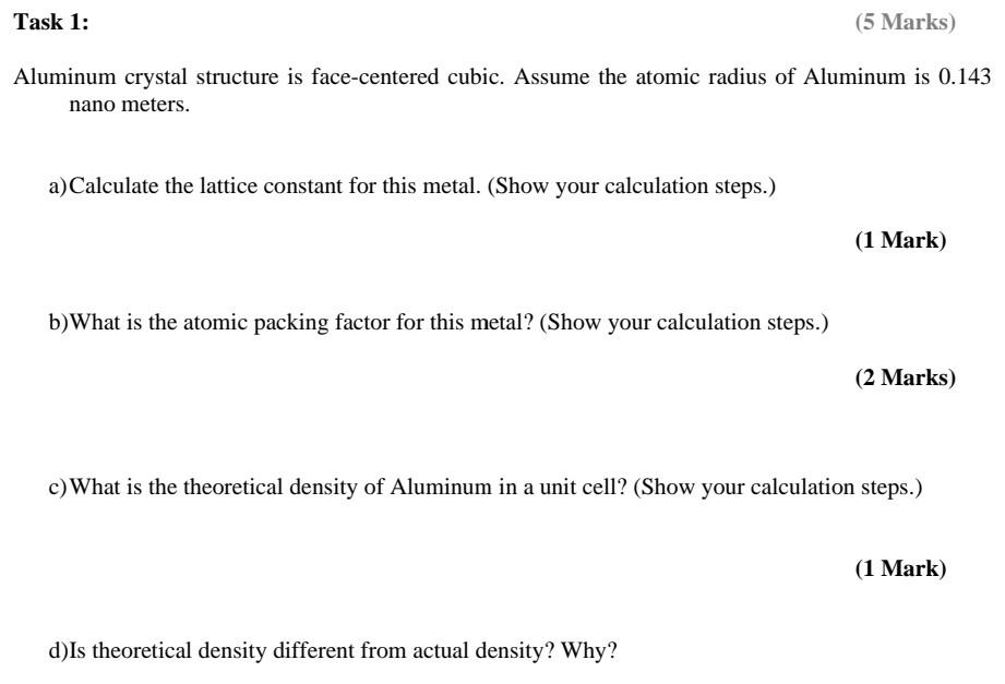 Solved Task 1: (5 Marks) Aluminum crystal structure is | Chegg.com